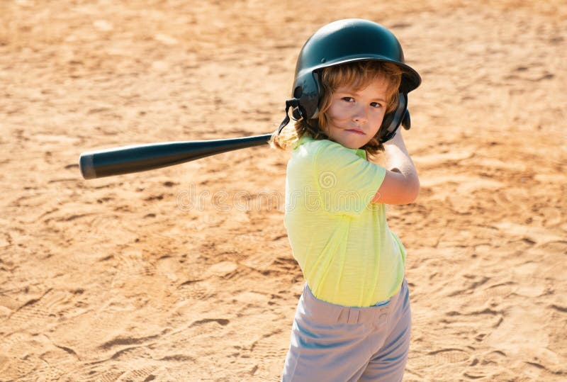 Boy in Baseball Helmet and Baseball Bat Ready To Bat. Stock Image ...