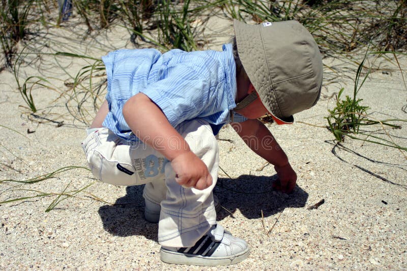 Boy on Beach Picking Up Pebbles Stock Photo - Image of pick, holiday ...