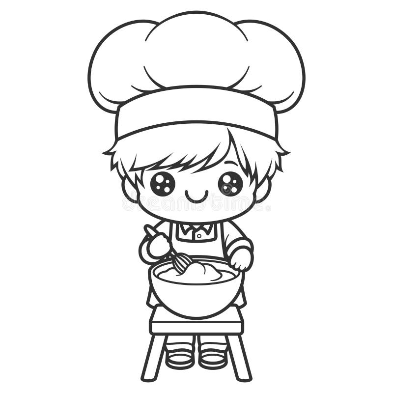 The Boy is Being a Chef and Making Cake Dough, for Coloring Stock ...