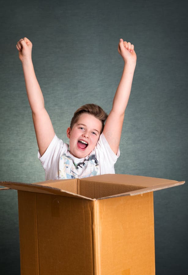 Boy with a Big Cardboard Box is Happy Stock Image - Image of presents ...