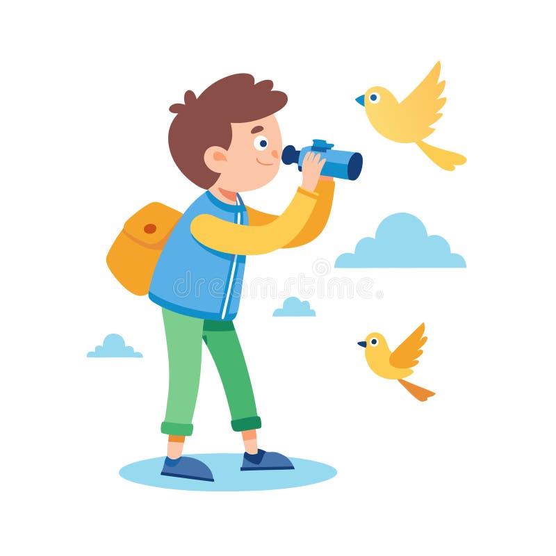 Boy Birdwatching Illustration: Vector of a Boy with Binoculars Spotting ...
