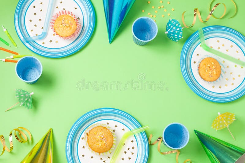 Boy Birthday or Party Green Table Setting Stock Photo - Image of design ...