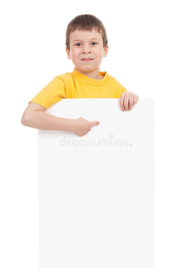 Boy with blank paper sheet stock image. Image of show - 30831191