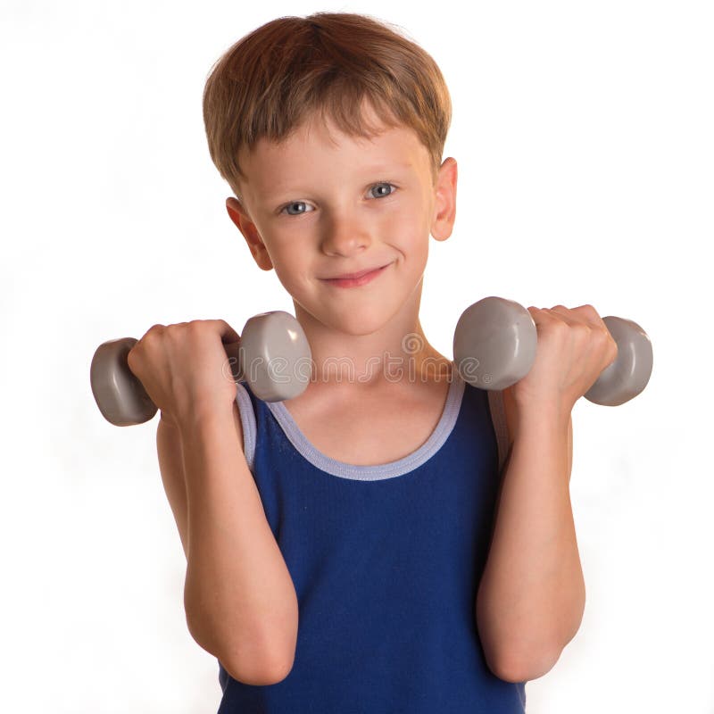 Boy Blue Shirt Doing Exercises with Dumbbells Over White Background ...