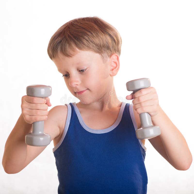 Boy Blue Shirt Doing Exercises with Dumbbells Over White Background ...