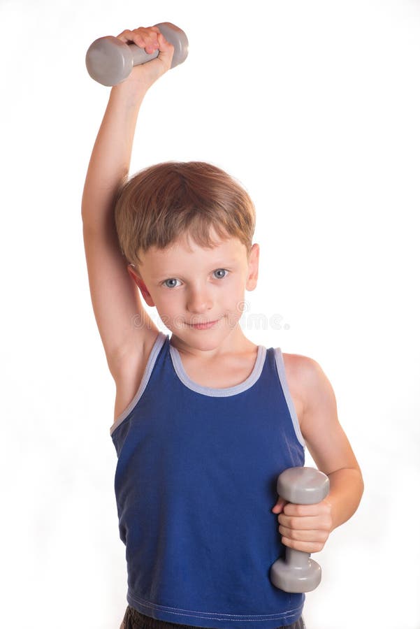 Boy Blue Shirt Doing Exercises with Dumbbells Over White Background ...