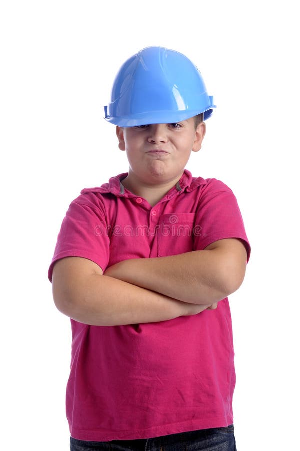 Angry Looking Boywith Blue Protection Helmet Stock Image - Image of ...