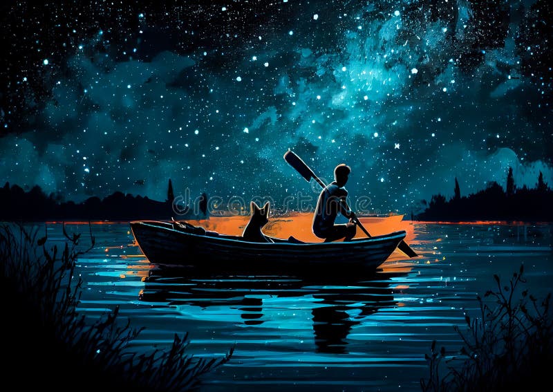 Boy in Boat with Dog at Night. Generative AI Stock Illustration ...