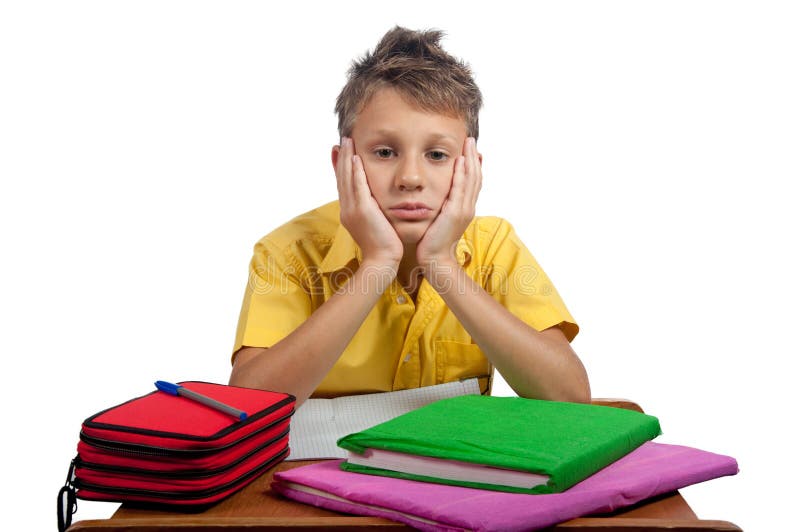 Boy with Books Looking Bored. All on White Background. Stock Image ...