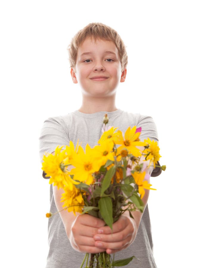 Little Child Boy Giving Flowers Bouquet, Handsome Kid Greeting R Stock ...