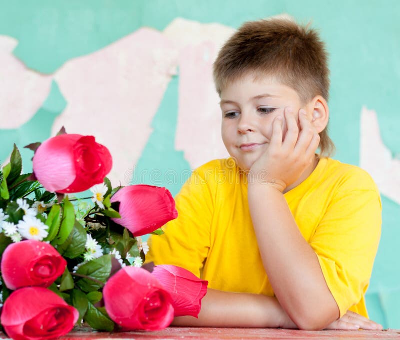 Boy with bouquet of roses stock photo. Image of nine - 38720068