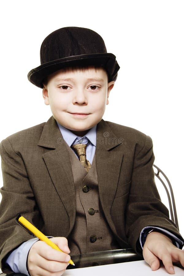 Boy in Bowler with Yellow Pen Stock Image - Image of sitting, vertical ...