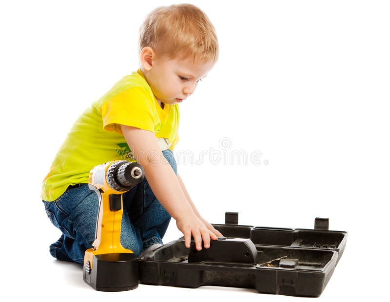 Boy, box and screwdriver stock image. Image of fastener - 8413269