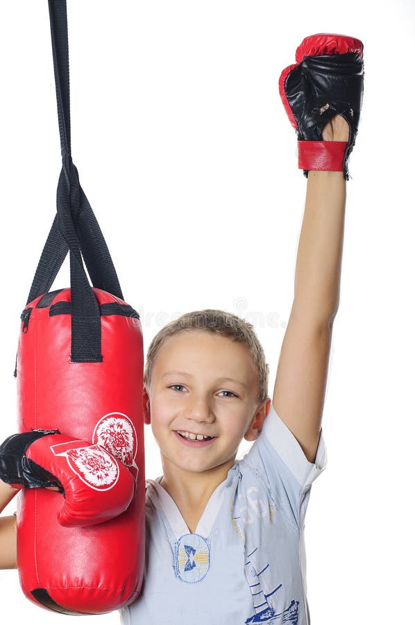 Boy with Boxing Gloves and a Punching Bag on a White Background Stock ...