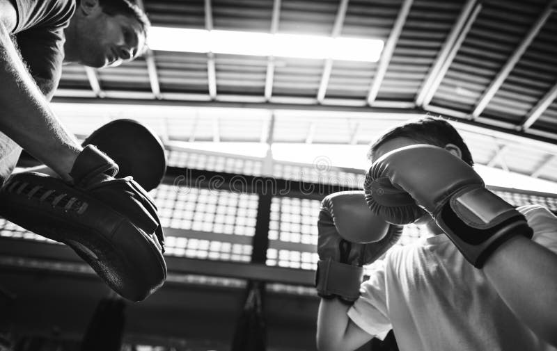 Boy Boxing Training Punch Mitts Exercise Concept Stock Image - Image of ...