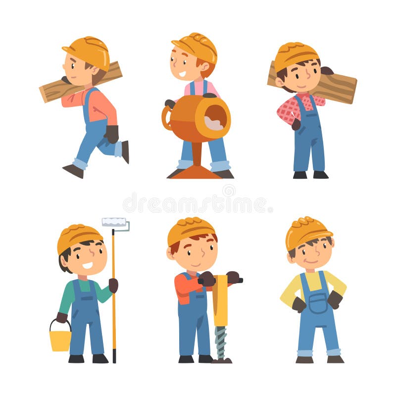 Boy Builder Character in Overall and Hard Hat Working with Construction ...
