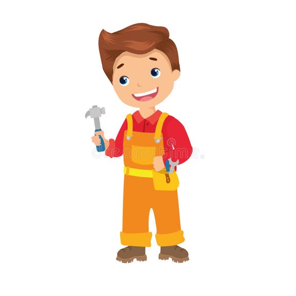 Boy Builder in Yellow Overalls Holding Hammer Stock Vector ...
