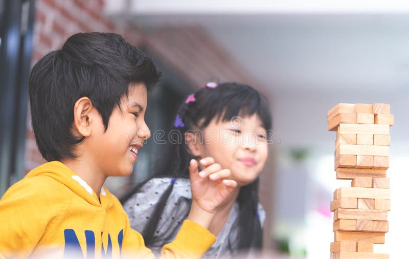 Boy Building Toy Block Tower with Friend Stock Image - Image of little ...