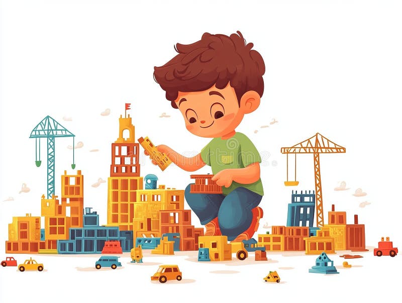 A Boy Builds a Construction Kit Stock Illustration - Illustration of ...