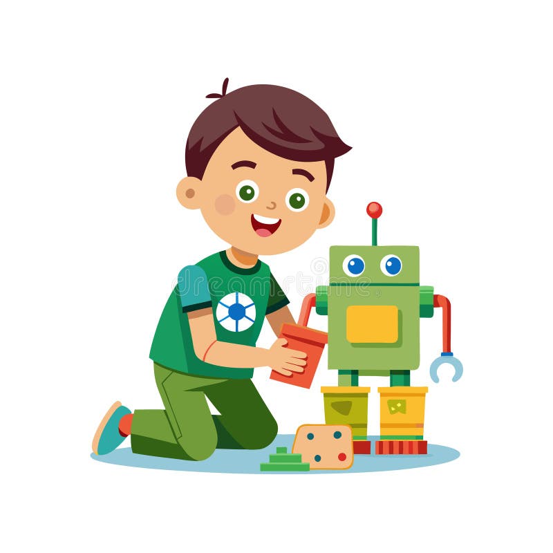 Boy Builds Robot: Vector Illustration of a Child Playing with Blocks ...