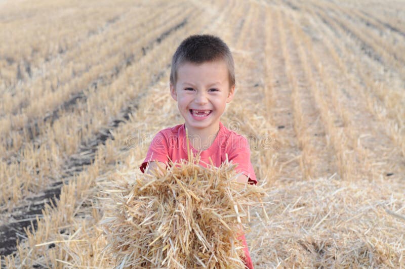 Boy with Bundle of Hay Smiling Stock Image - Image of smiling, harvest ...
