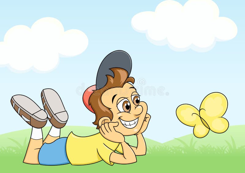 Boy and Butterfly on Meadow Stock Vector - Illustration of happy ...