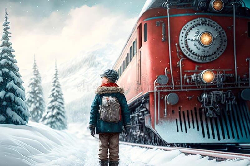 Boy Came Close To Polar Express Train and Stands in Snow Stock ...