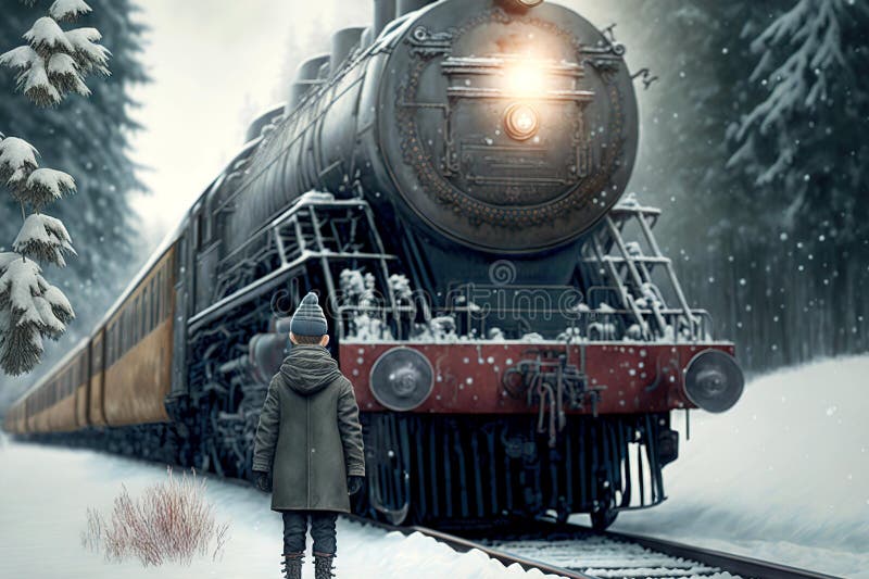 Boy Came Close To Polar Express Train and Stands in Snow Stock ...