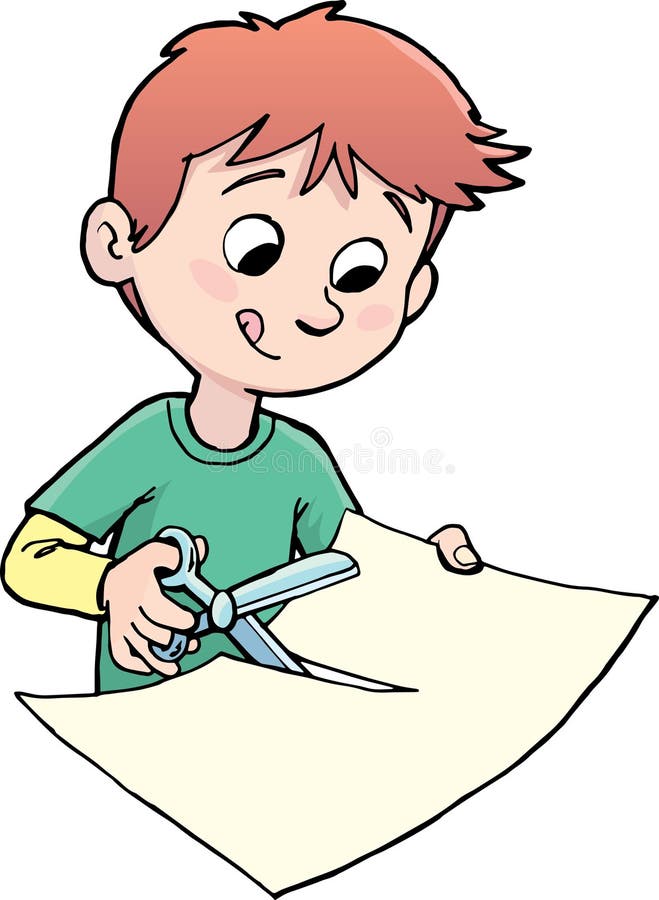 Boy Carefully Cuts the Paper with Scissors Stock Illustration ...