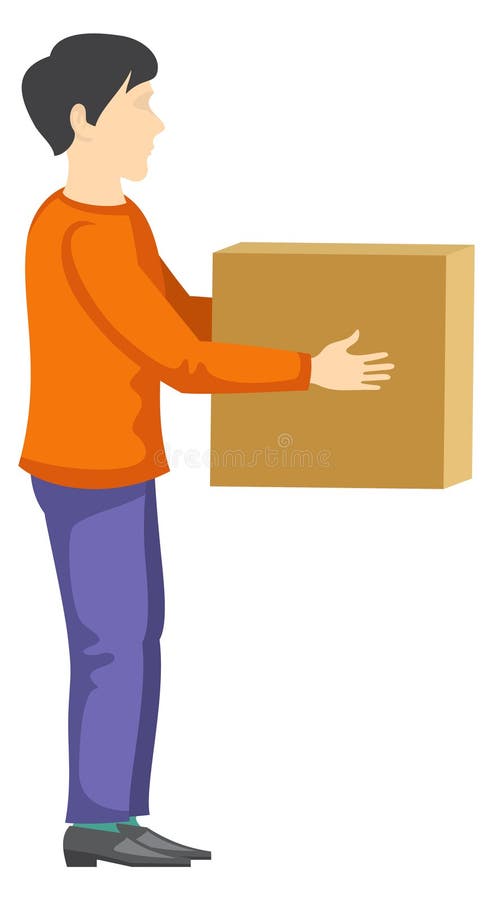 Boy Carrying Cardboard Box. Heavy Package Lifting Stock Vector ...