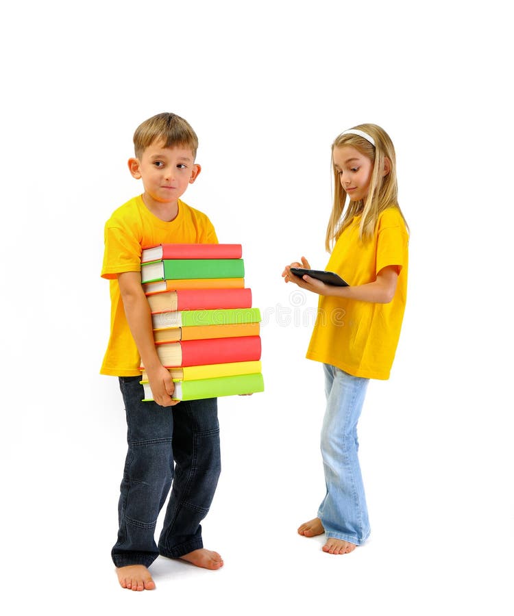 Boy Carrying Heavy Books, Girl Has an E-book Stock Image - Image of ...