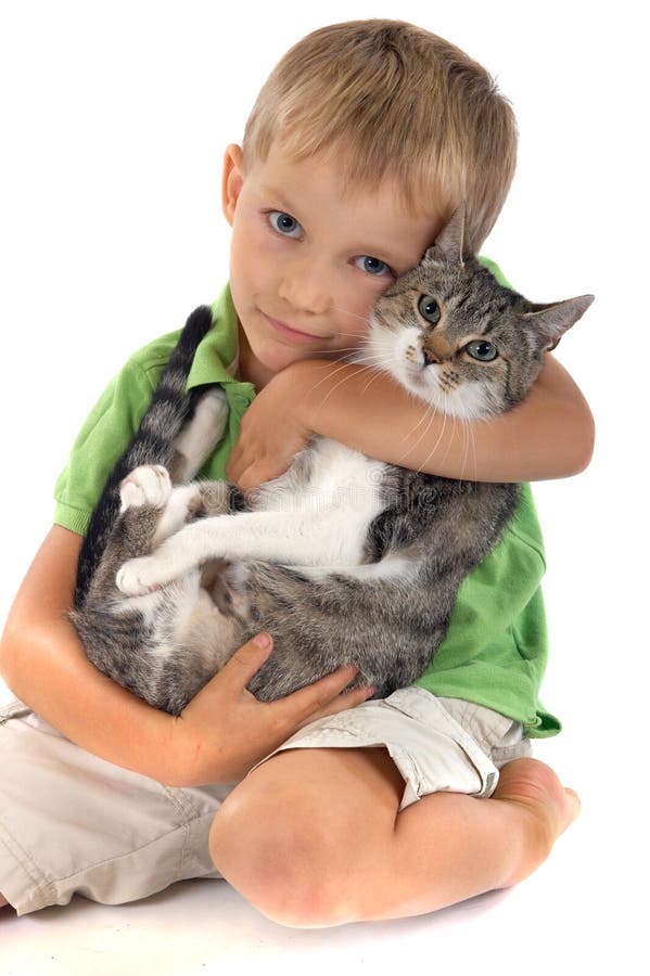 Boy with cat stock image. Image of childhood, attire, friend - 3721039