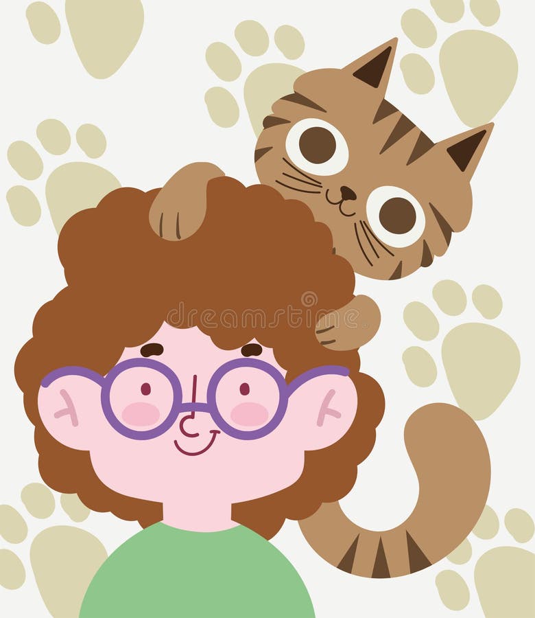 Boy with cat on a head stock vector. Illustration of love - 264702275