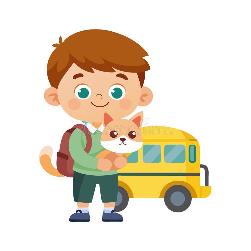 Boy with Cat, School Bus: Back To School Illustration, Transportation ...