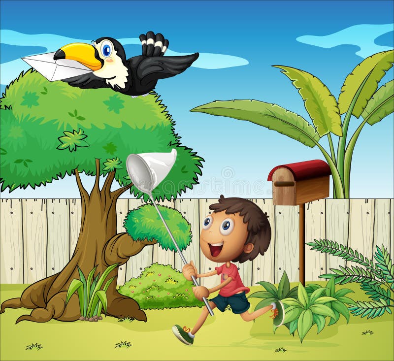 A Boy Catching the Bird with an Envelope Stock Vector - Illustration of ...