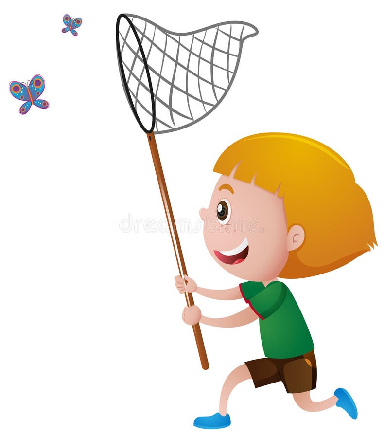 Boy Catching Butterflies with Net Stock Vector - Illustration of cute ...