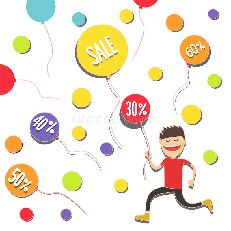 Boy is Catching Discounts. Balloons Discount Vouchers . Vector ...