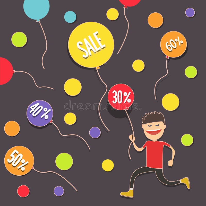 Boy is Catching Discounts. Balloons Discount Vouchers . Vector ...
