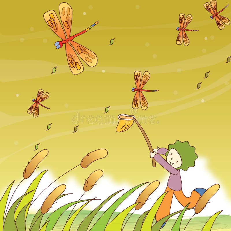 Catching Dragonfly (vector) Stock Vector - Illustration of bule, girl ...