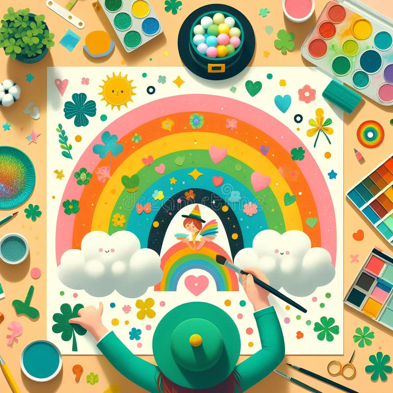 Boy Celebrate St Patrick Day by Painting Beautiful Rainbow. AI ...