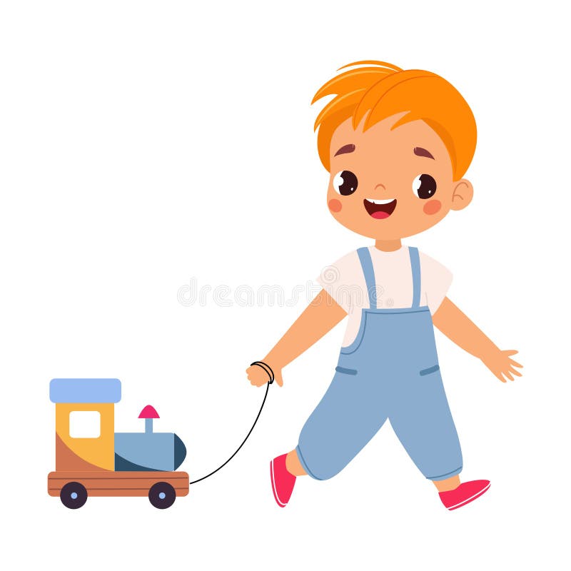 Boy Character Play Toy Train Pull with Rope Vector Illustration Stock ...