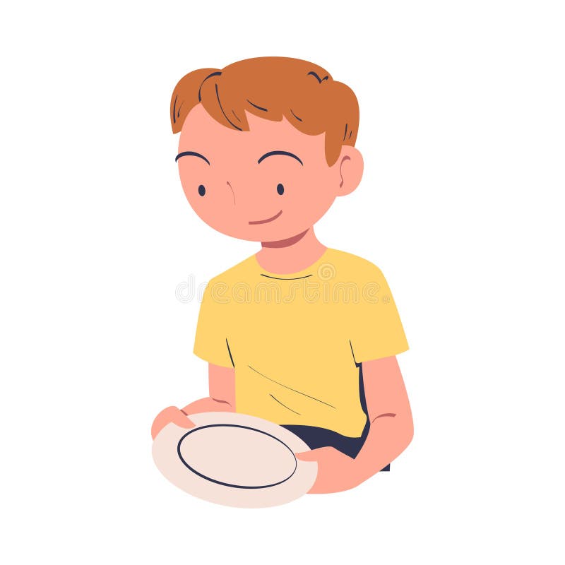 Boy Character Putting Plate on Table at Kitchen Vector Illustration ...