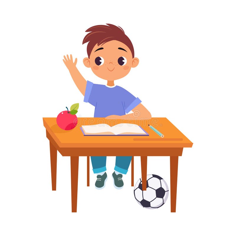 Boy Character at School at Desk Have Lesson Vector Illustration Stock ...