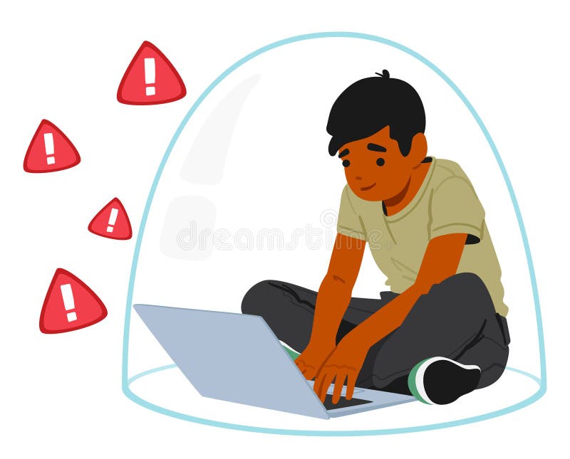 Boy Character Works on a Laptop while Practicing Web Safety, Ensuring ...
