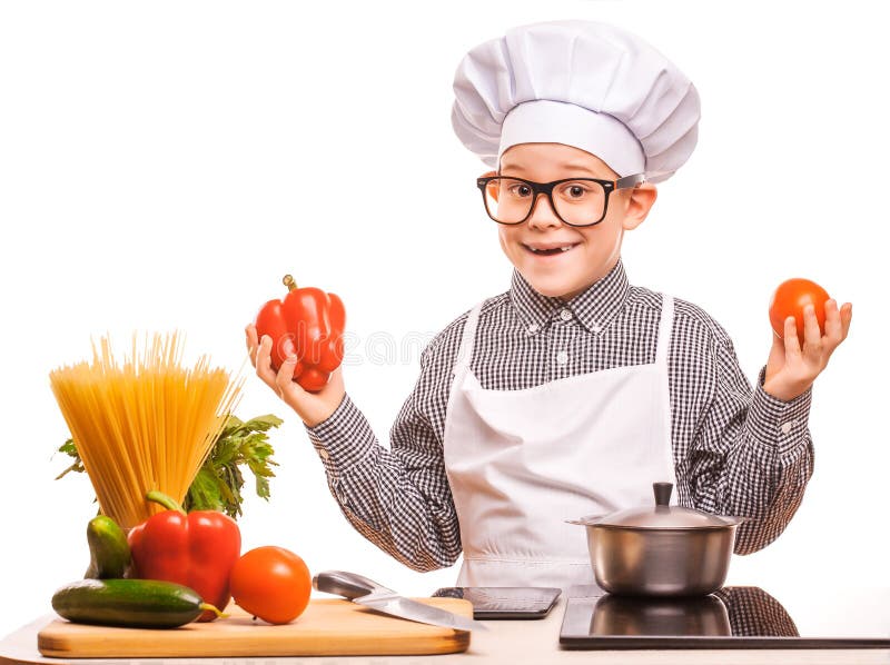 Boy Chef is Cooking in the Kitchen Stock Photo - Image of tomato ...