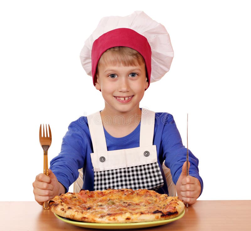 Boy chef eat pizza stock photo. Image of chef, dish, funny - 30741416