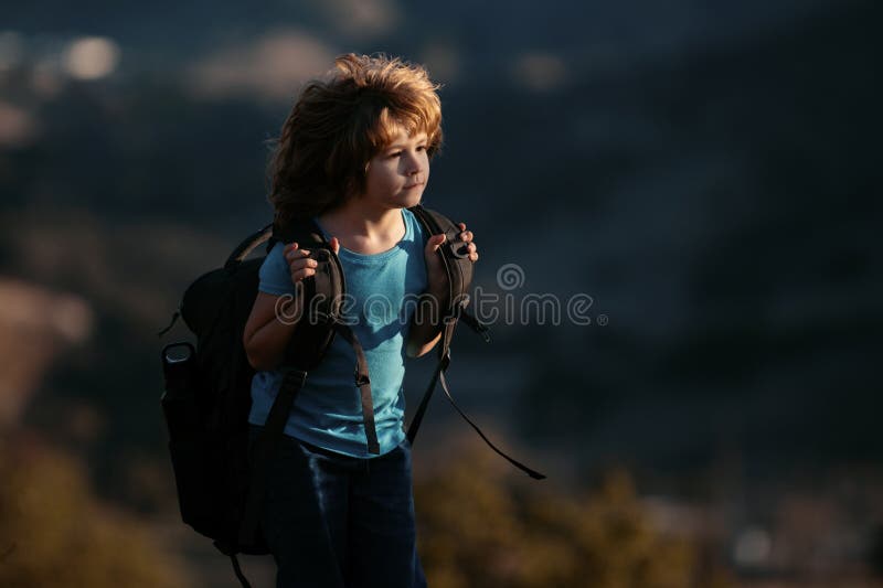 Kid with Backpack Hiking in Scenic Mountains. Boy Child Local Tourist ...