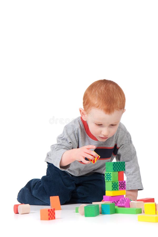 Boy Child Building Kids Block Tower Isolated Stock Photo - Image of ...