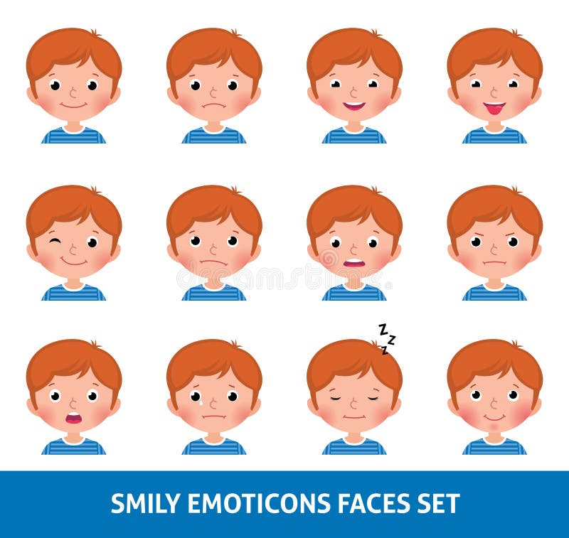 Boy Child Cute Emoji, Set Smily Emoticons Faces Stock Vector ...