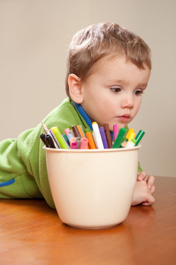 Boy Child with Kids Colored Drawing Pens Stock Photo - Image of table ...